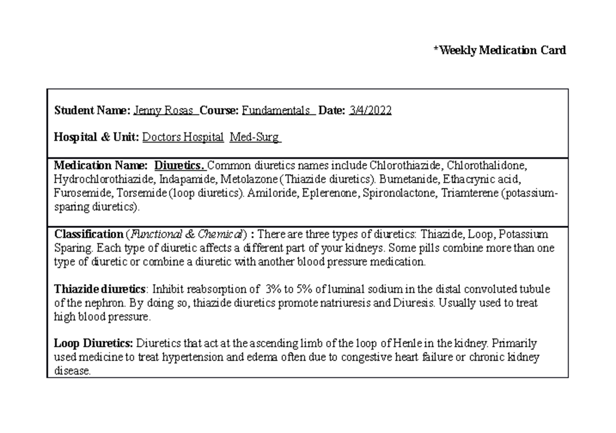 Diuretics Card - Med Card - Student Name: Jenny Rosas Course ...