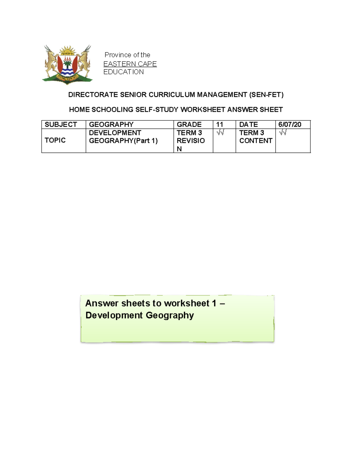2 Geography Grade 11 Development Geography Answer heet 1 - Province of ...