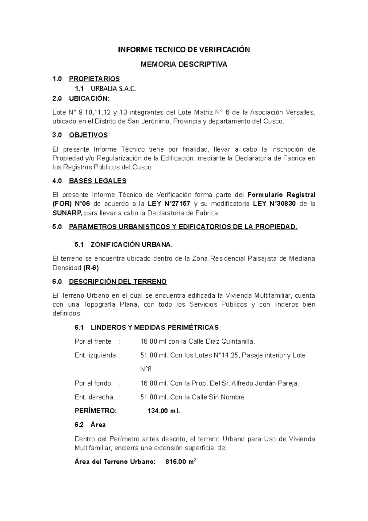 Informe Tecnico DE Verificación - INFORME TECNICO DE VERIFICACIÓN ...