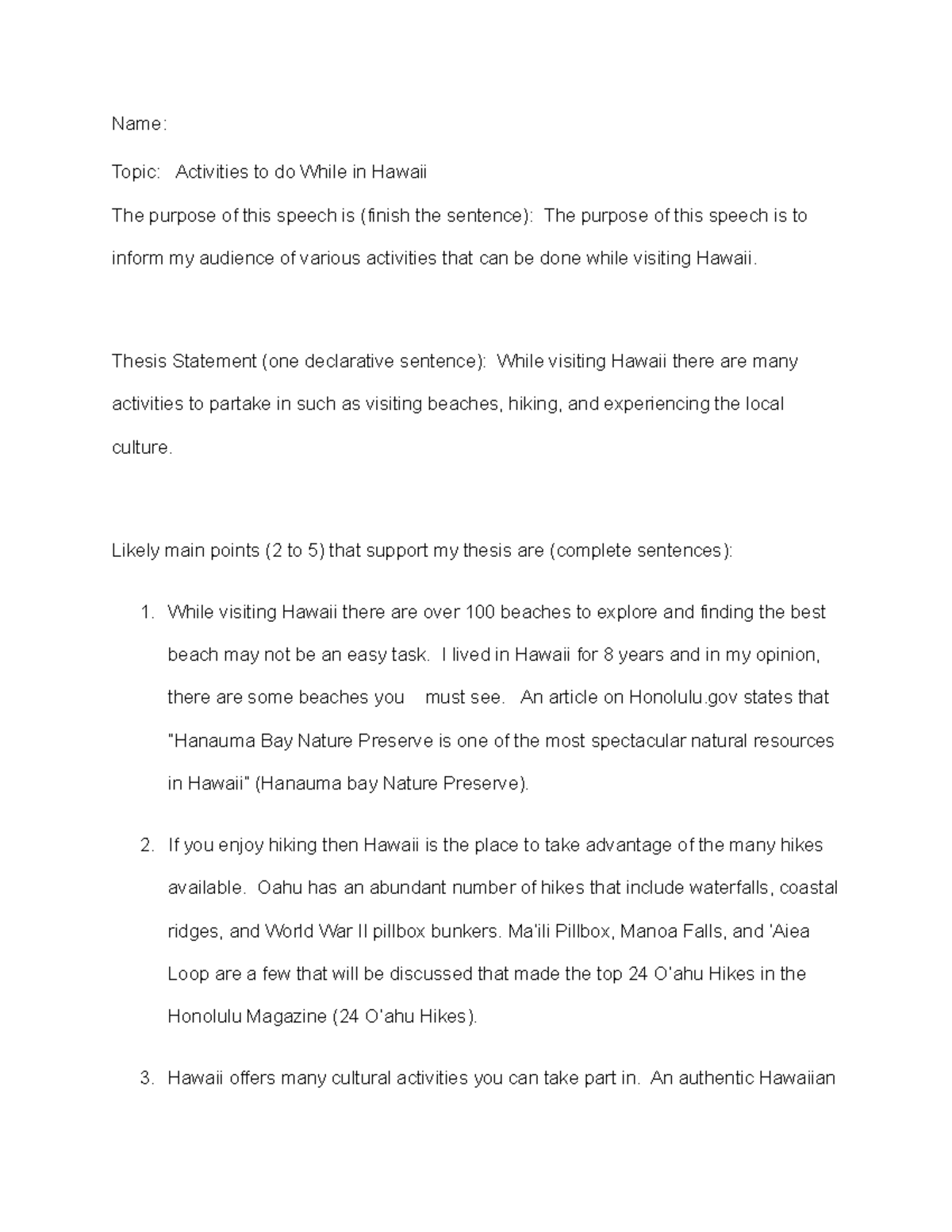 Informative Speech 1 Outline Worksheet - Name: Topic: Activities to do ...