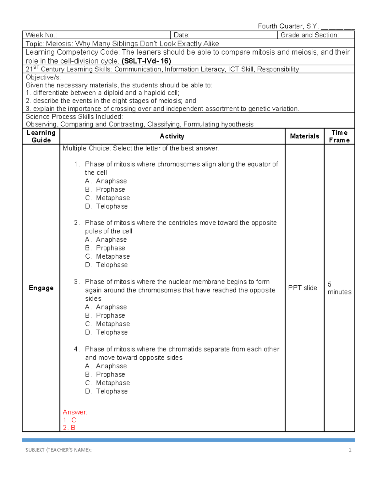 ST Grade 8 Bio Lesson 5 - Biology - Fourth Quarter, S. _________ Week ...