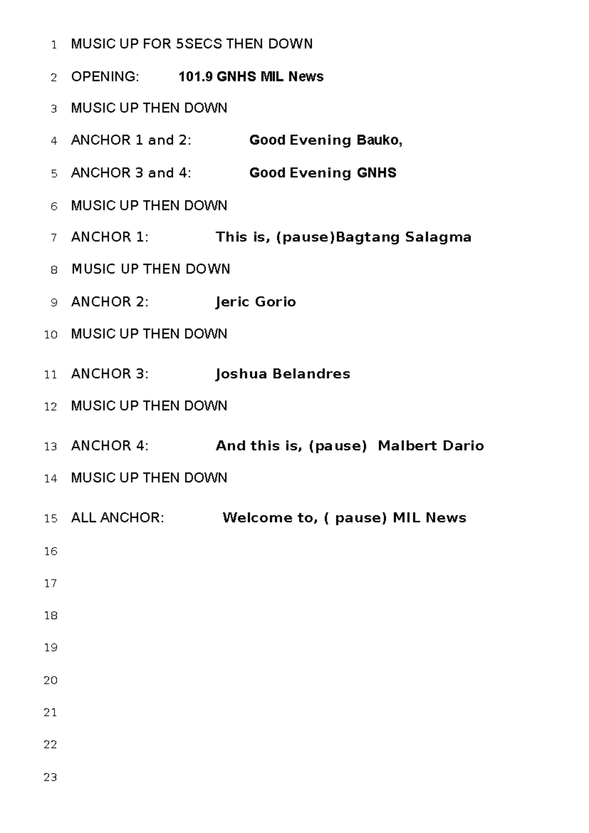 MIL-broadcasting - Broadcasting Scipt - MUSIC UP FOR 5 SECS THEN DOWN ...