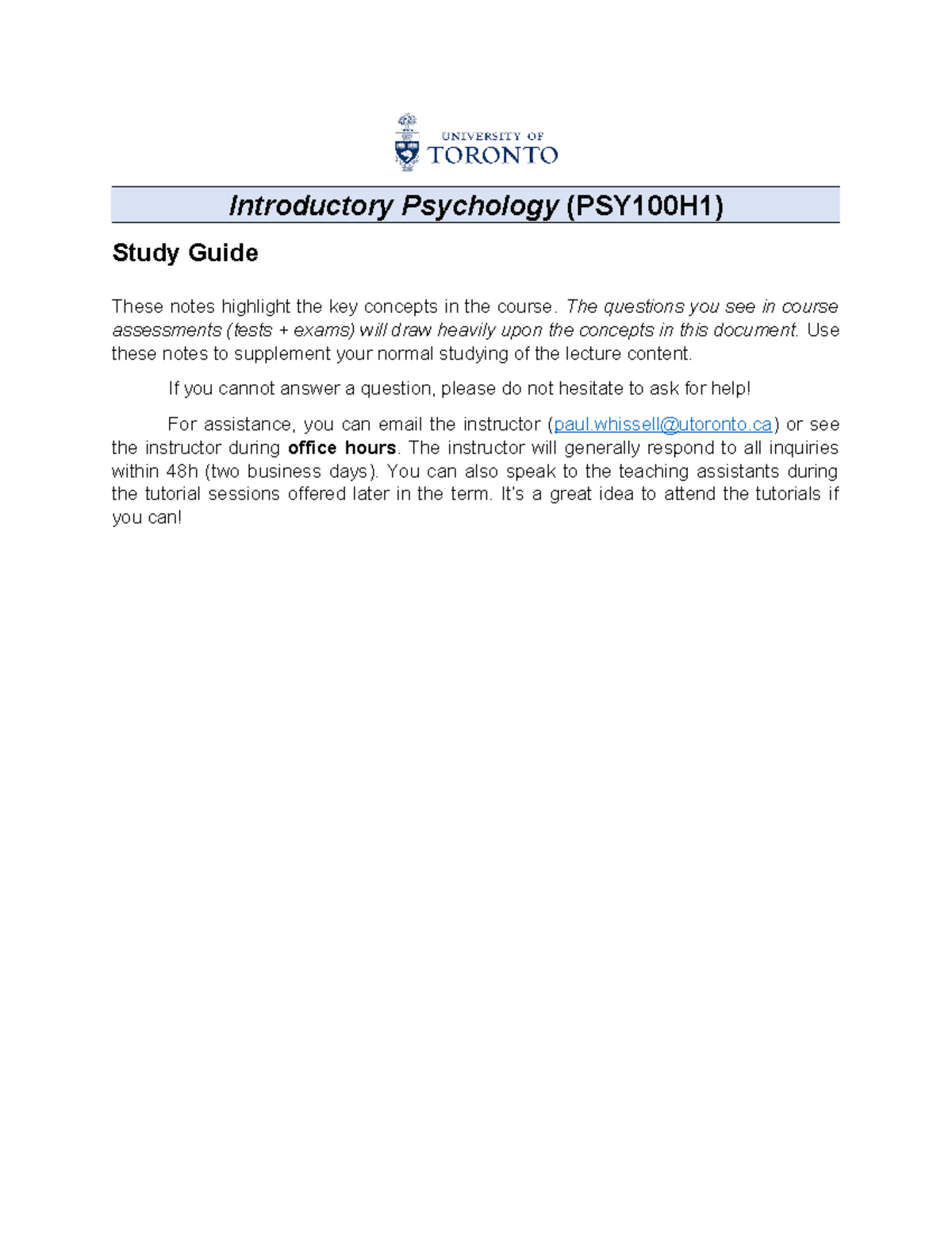 PSY100 - Study Guide - Introductory Psychology (PSY100H1) Study Guide ...