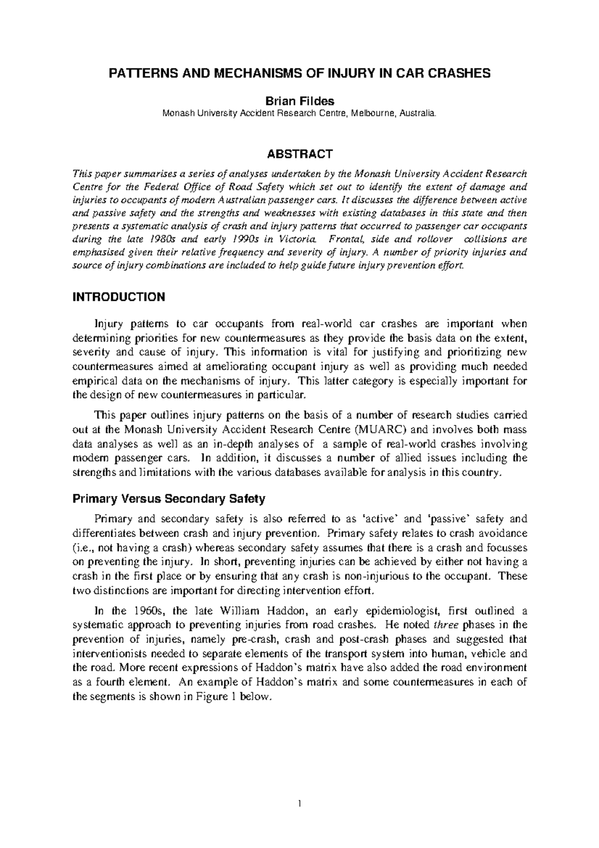 Patterns and Mechanisms of Injury in Car Crashes - PATTERNS AND ...