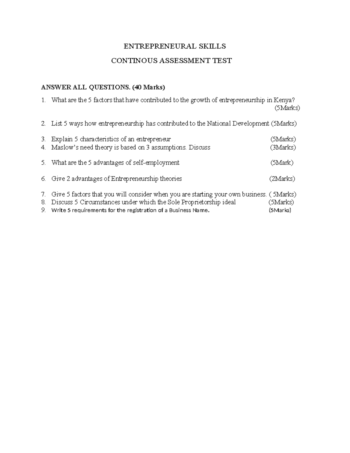 Entrepreneurship Education CAT - ENTREPRENEURAL SKILLS CONTINOUS ...