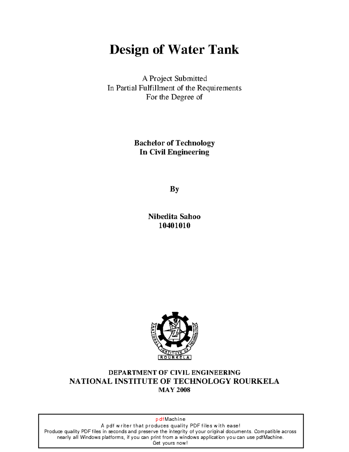 Design of water tank seminar - Design of Water Tank A Project Submitted ...