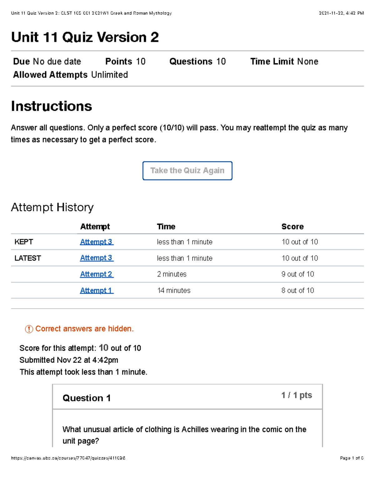 Unit 11 Quiz Version 2: CLST 105 001 2021W1 Greek and Roman Mythology ...