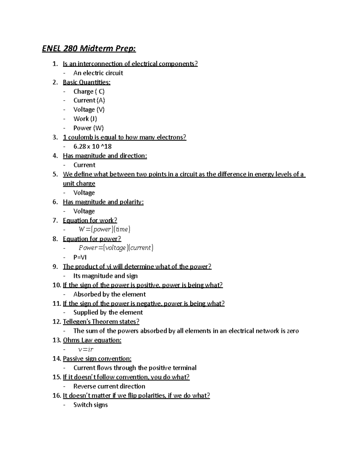 ENEL 280 Midterm Prep - ENEL 280 Midterm Prep: 1. Is an interconnection of electrical components ...