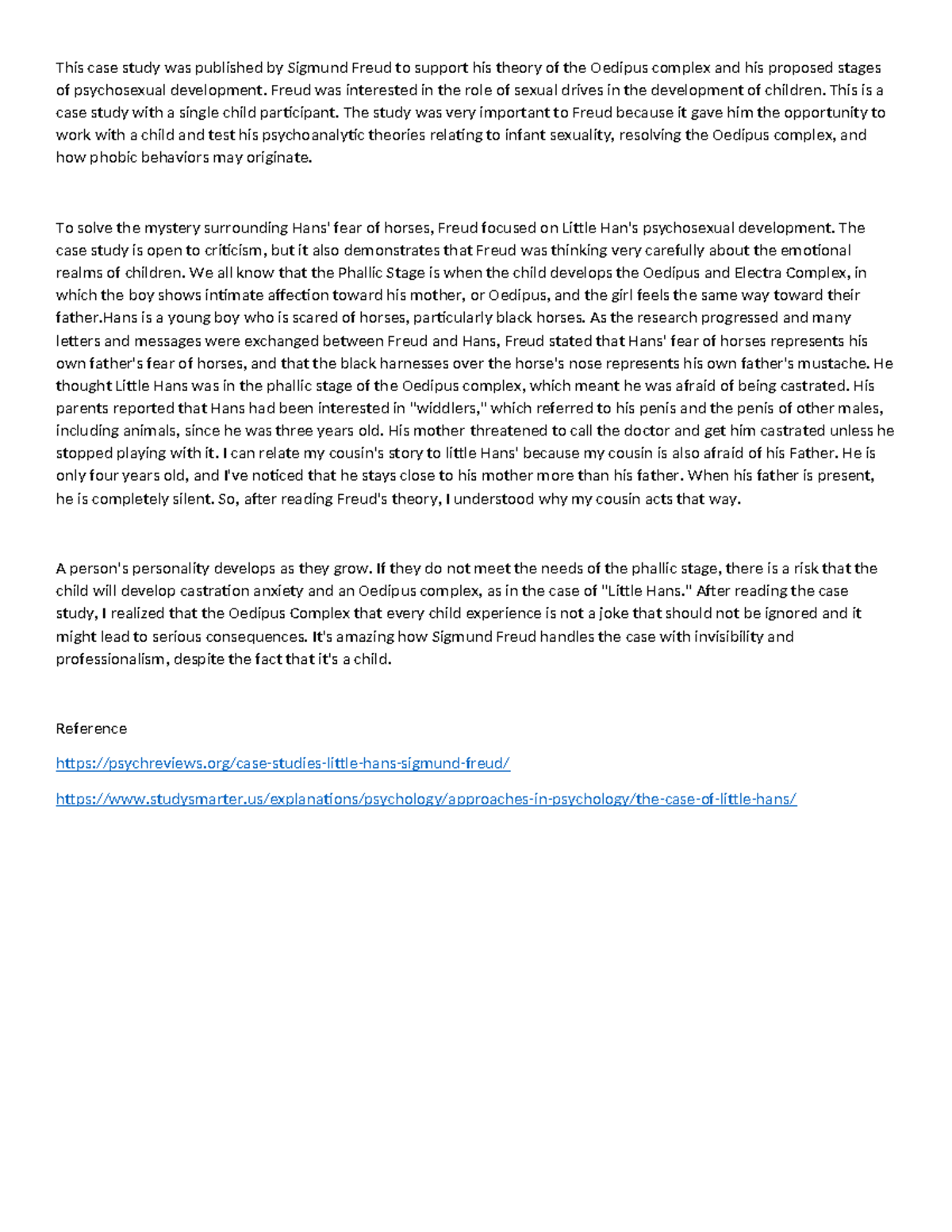 Little hans - This case study was published by Sigmund Freud to support ...