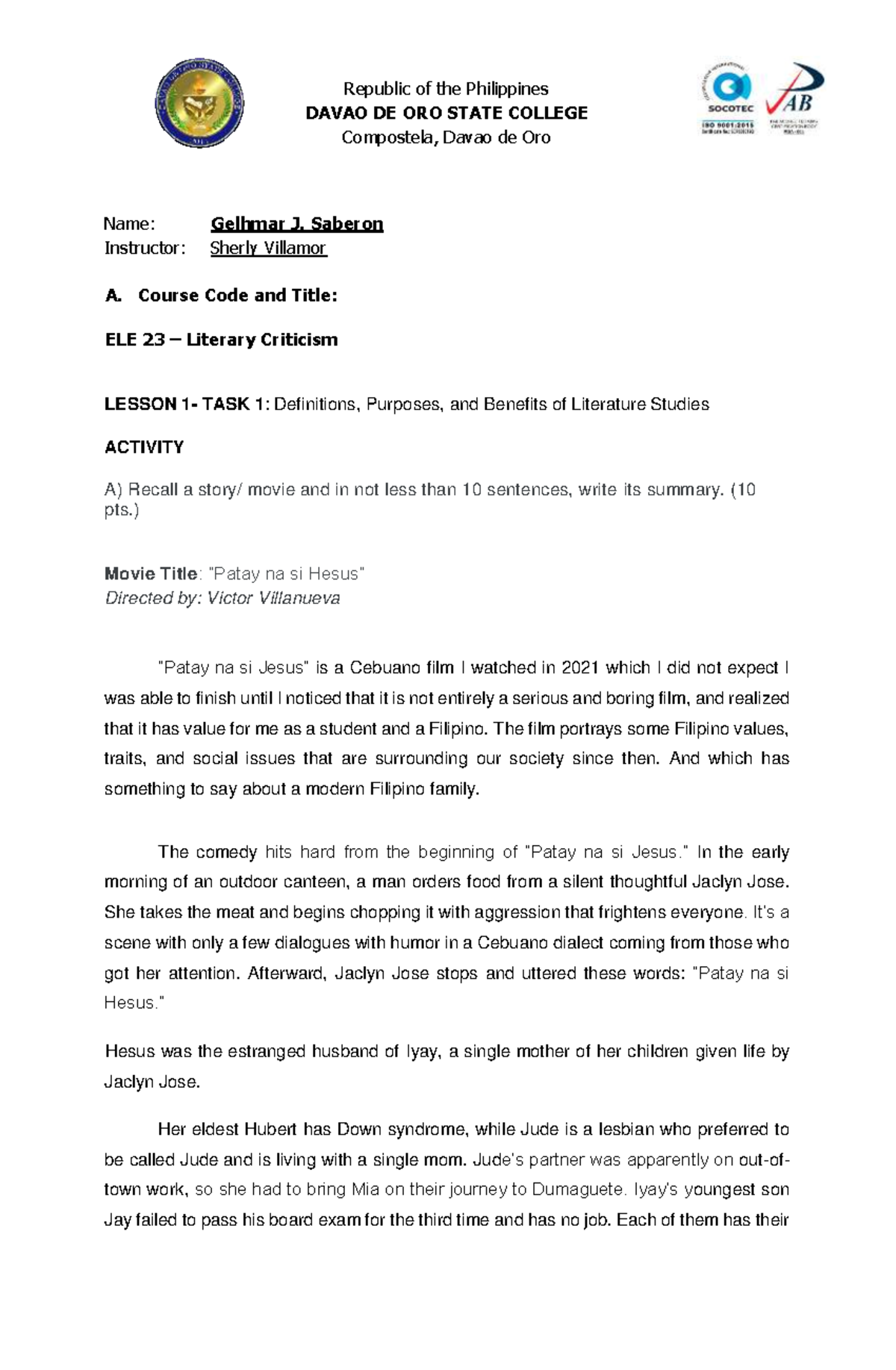 Saberon Lesson 1 - TASK 1 - DAVAO DE ORO STATE COLLEGE Compostela ...