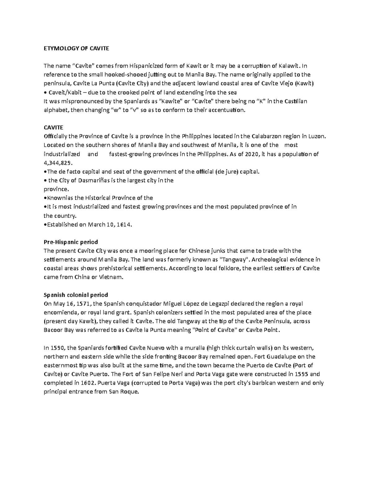 CCH- Reviewer - khkkkkkkkkkkkkkk - ETYMOLOGY OF CAVITE The name “Cavite ...