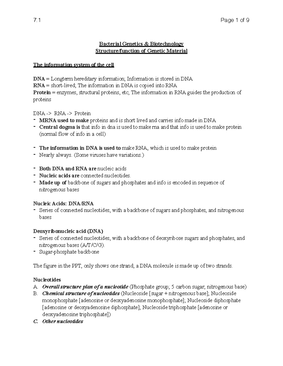 Lecture notes, Complete Notes - 7 Page 1 of 9 Bacterial Genetics ...