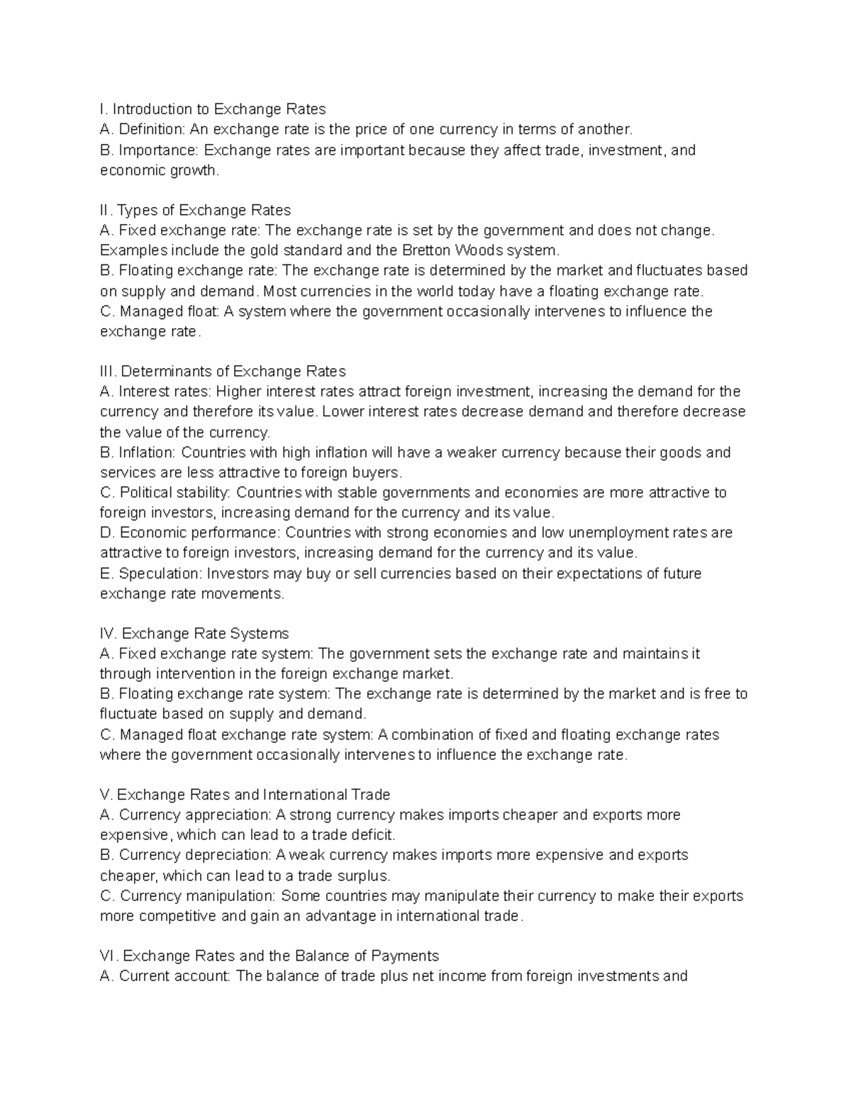 Exchange rates notes - I. Introduction to Exchange Rates A. Definition ...