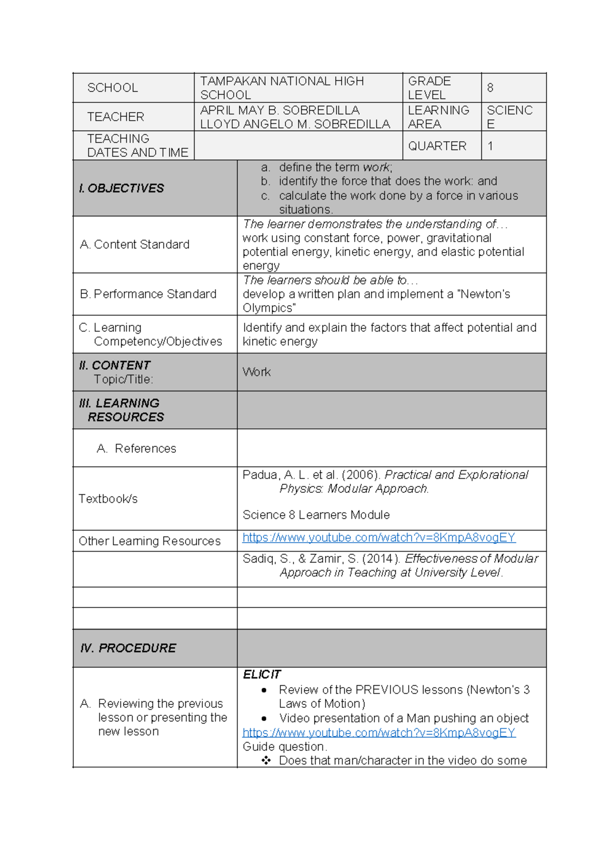 LESSON PLAN IN SCIENCE 8 - SCHOOL TAMPAKAN NATIONAL HIGH SCHOOL GRADE ...