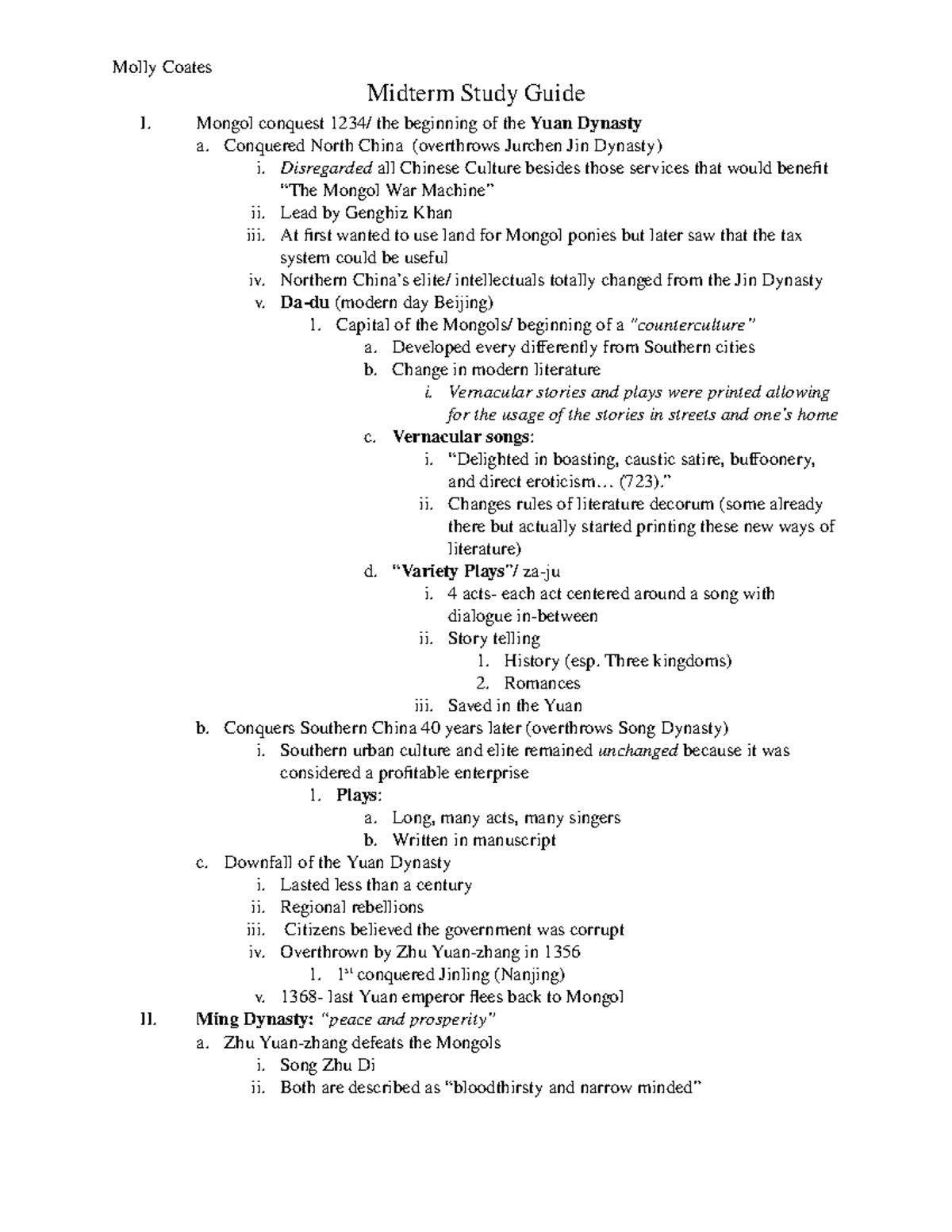 Chinese Midterm - Molly Coates Midterm Study Guide I. II. Mongol ...