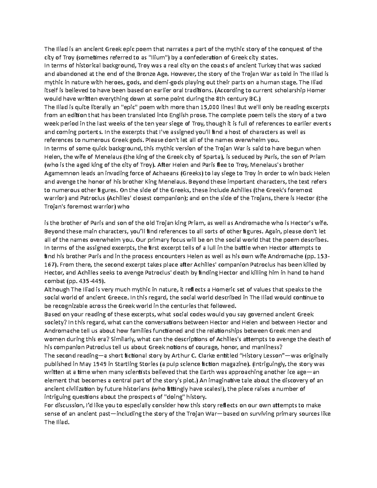 Week 2 Recitation - Dr. Myrup - The Iliad is an ancient Greek epic poem ...