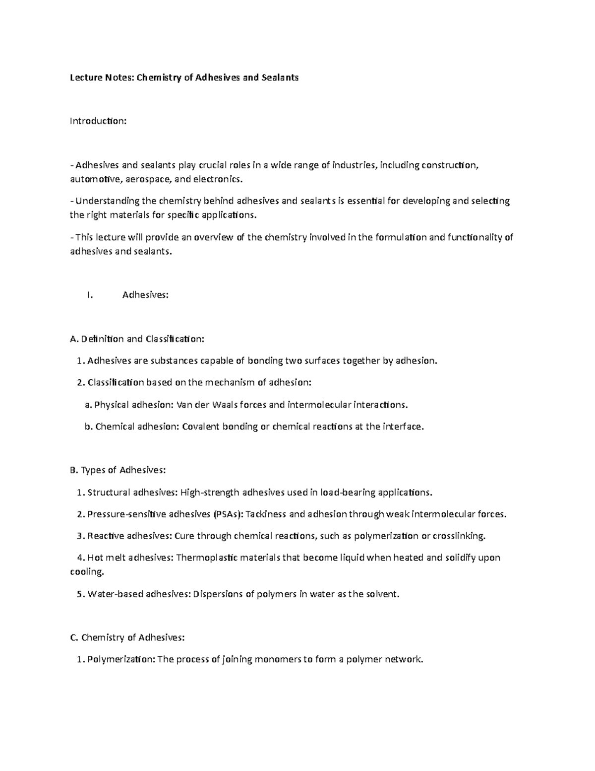 Lecture Notes: Chemistry of Adhesives and Sealants - Lecture Notes ...