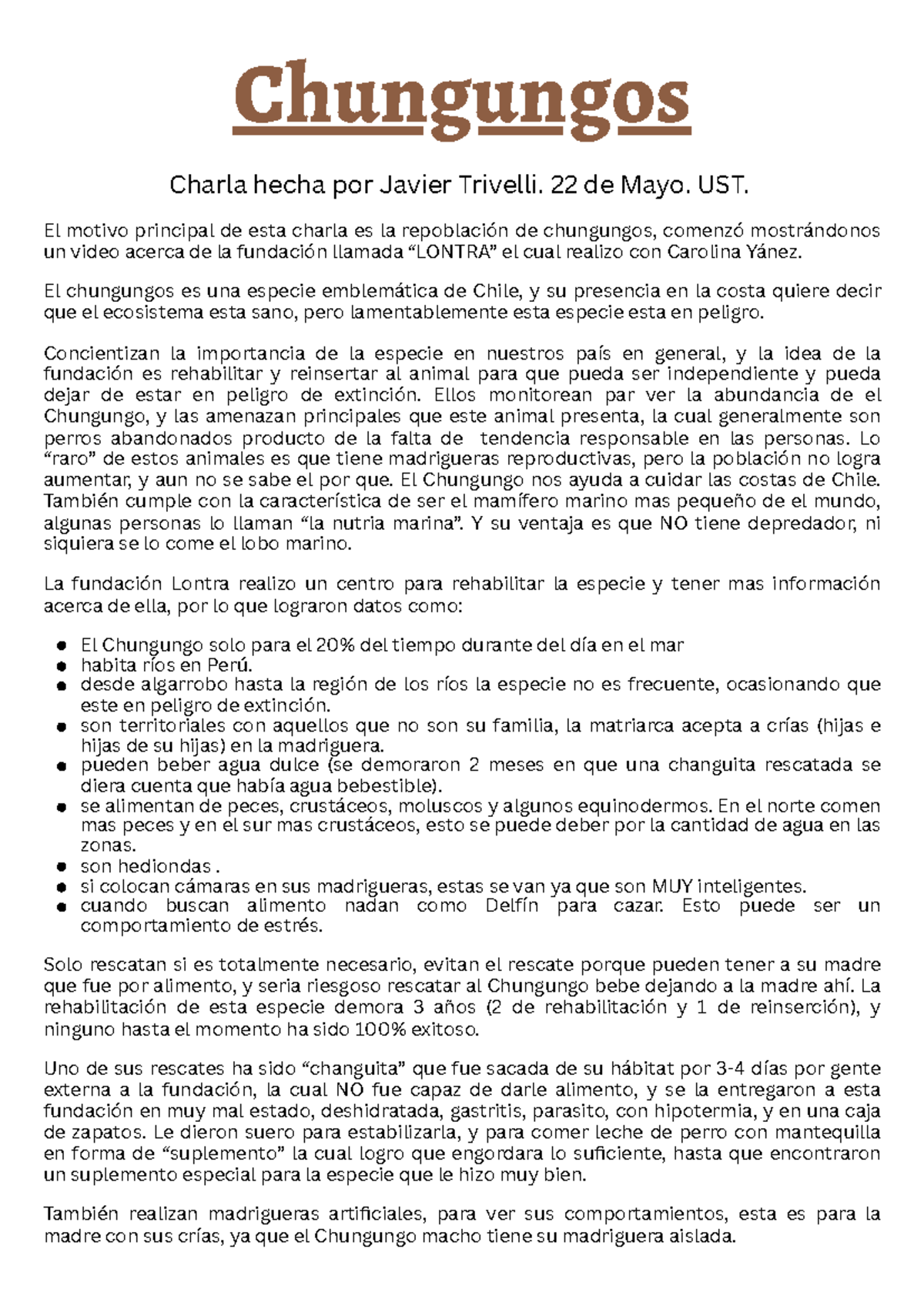 Resumen charla chungungos - Chungungos Charla hecha por Javier Trivelli ...