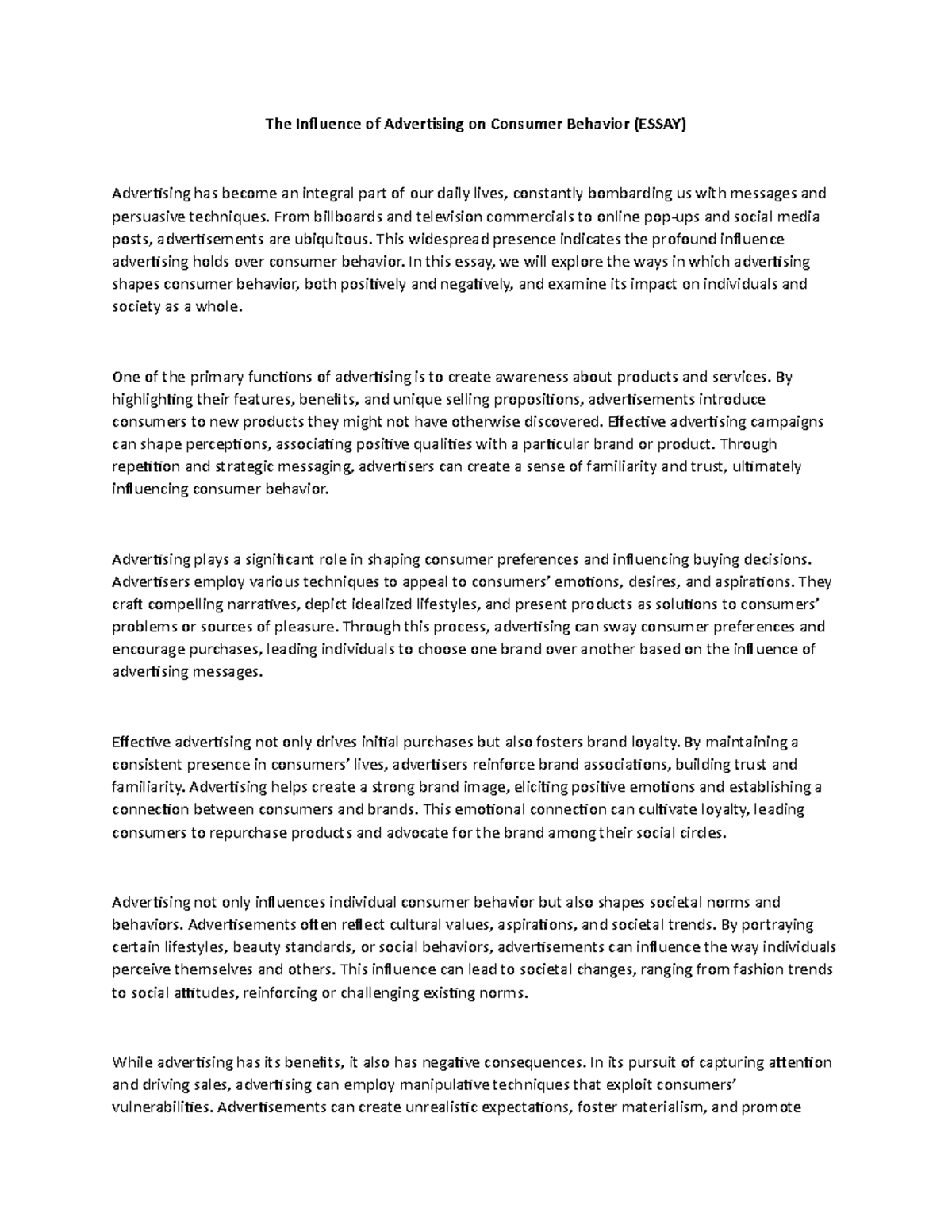 The Influence of Advertising on Consumer Behavior (Essay) - The ...