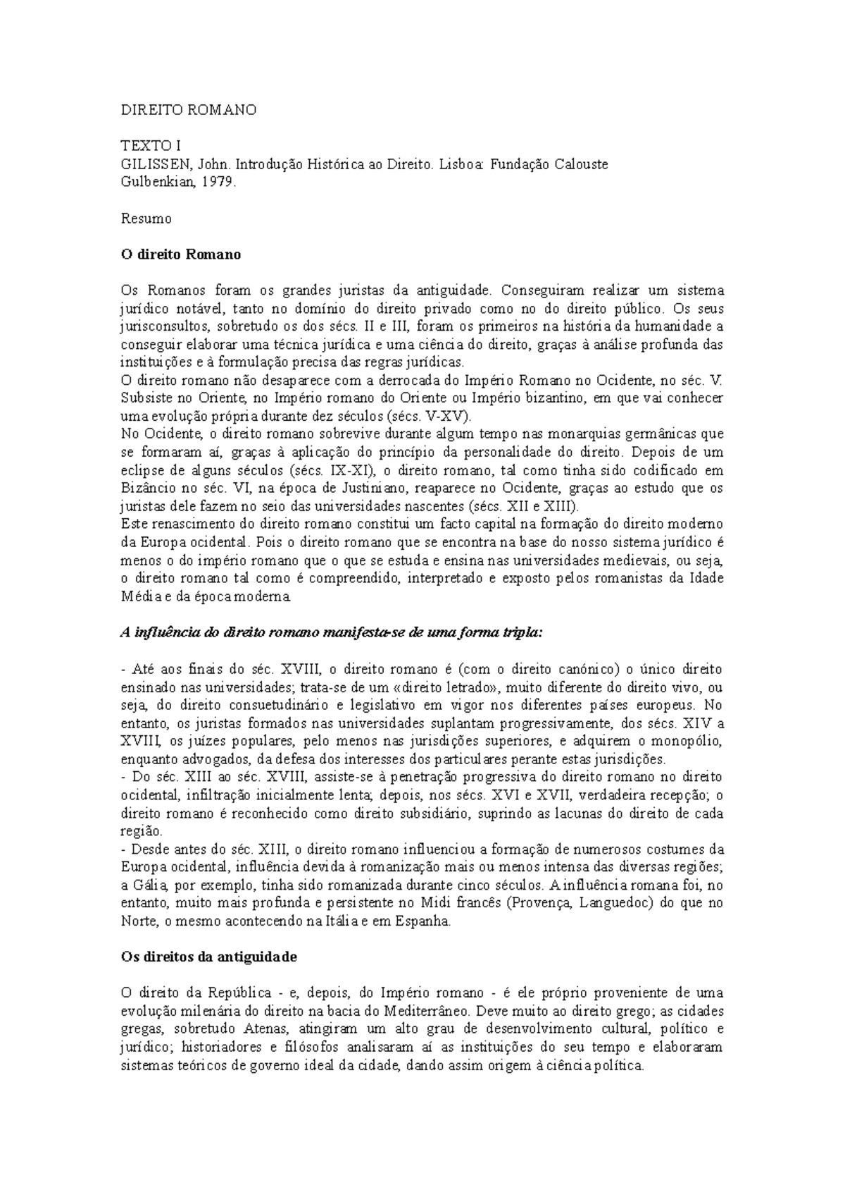 Direito Romano - DIREITO ROMANO TEXTO I GILISSEN, John. Introdução ...