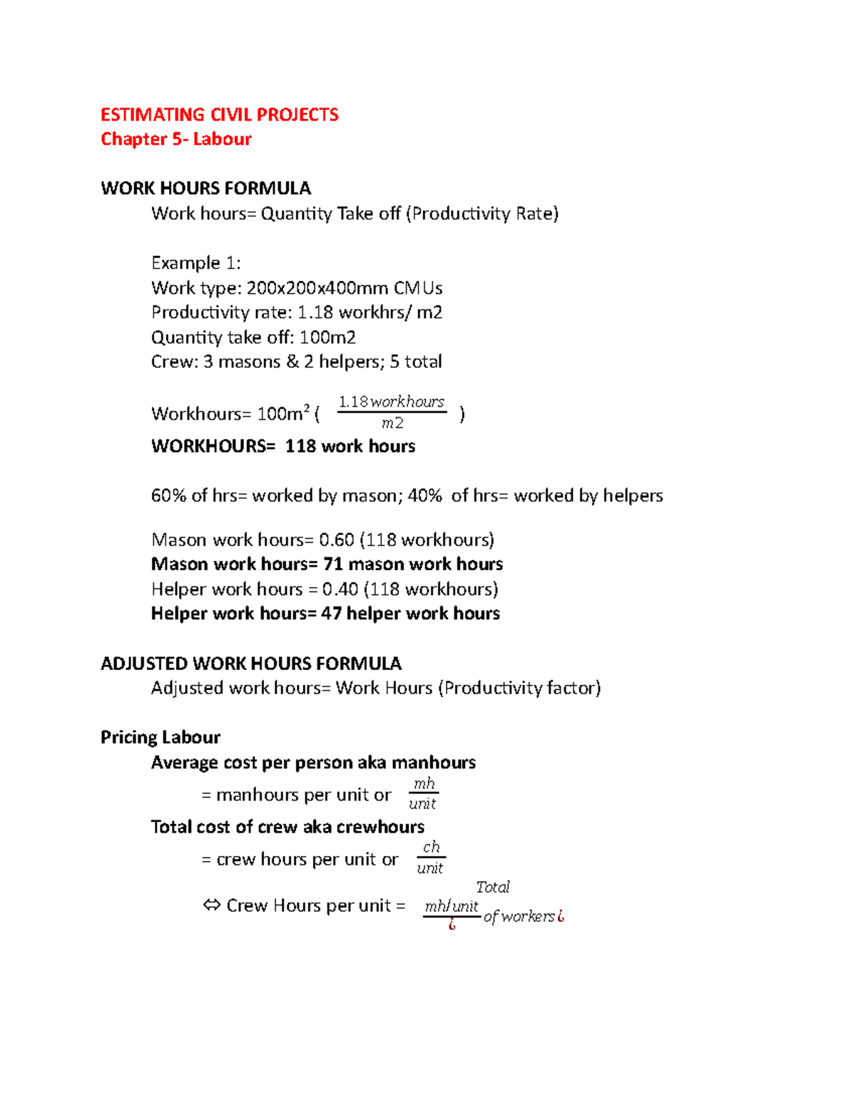 Chapter 5 Labour Summary - ESTIMATING CIVIL PROJECTS Chapter 5- Labour ...