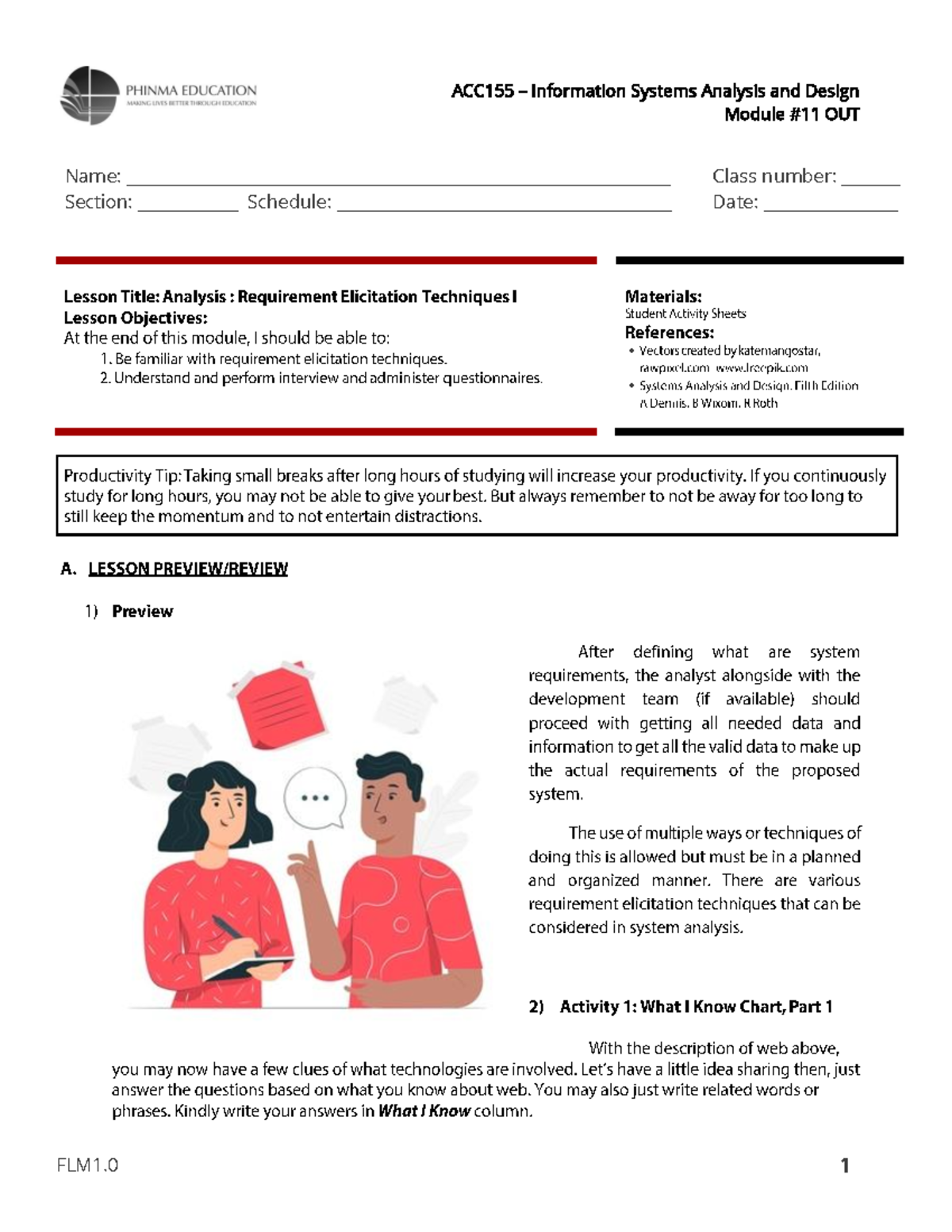 SAS 11 ACC155 Analysis Requirement Elicitation I - Module #11 OUT Name ...