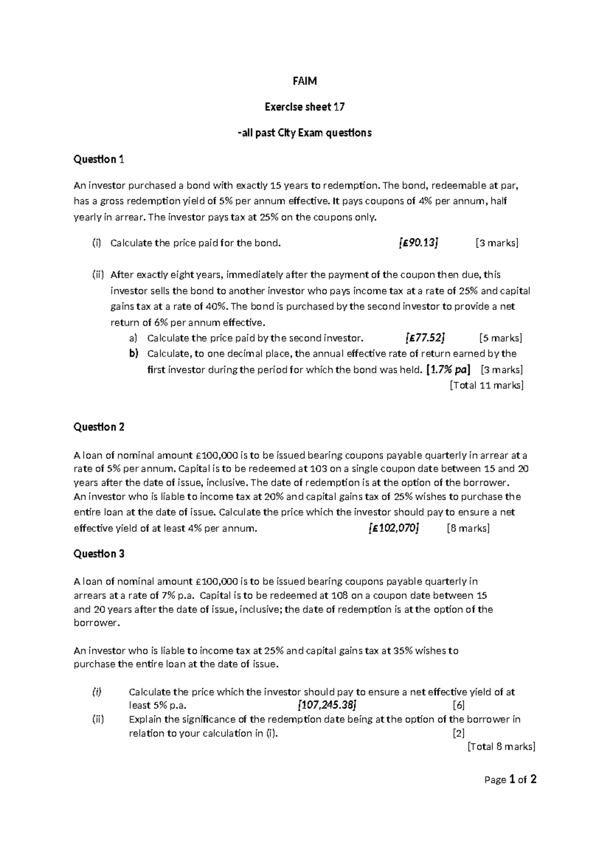 Ex sheet 17 - Calculus - FAIM Exercise sheet 17 -all past City Exam ...