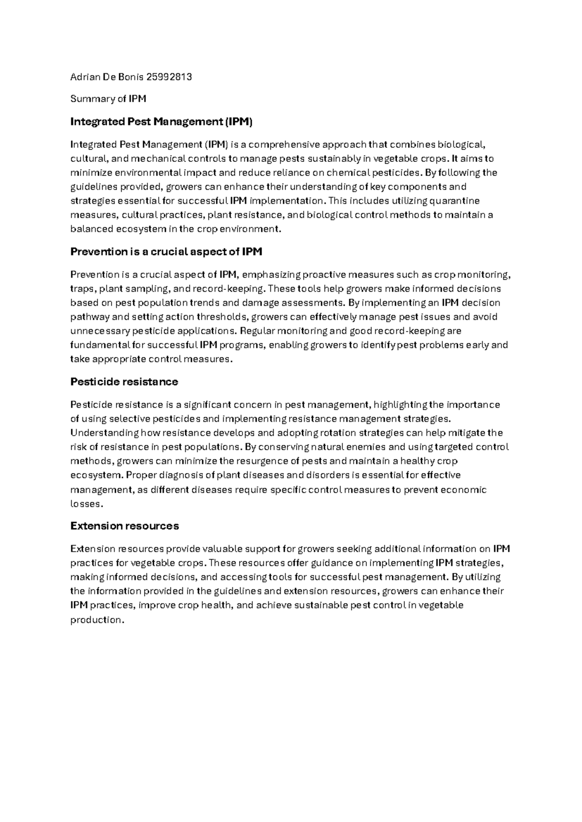 Summary of IPM - Adrian De Bonis 25992813 Summary of IPM Integrated ...