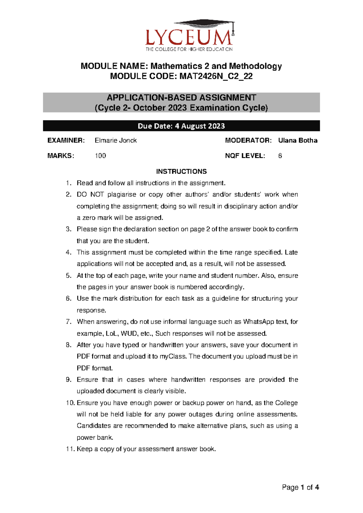 MAT2426N C2 22 Assignment - MODULE NAME: Mathematics 2 and Methodology ...