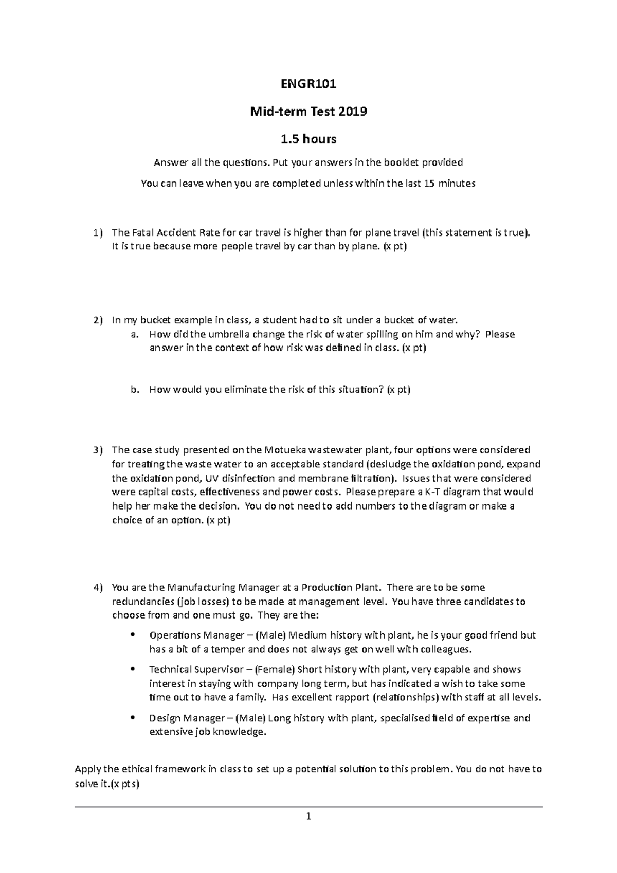 ENGR101_19_MidTerm - ENGR Mid-term Test 2019 1 hours Answer all the ...
