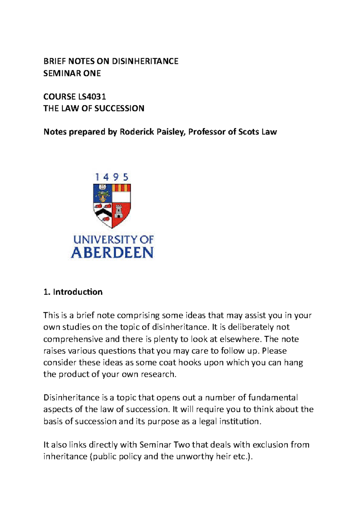 Disinheritance Notes - BRIEF NOTES ON DISINHERITANCE SEMINAR ONE COURSE ...