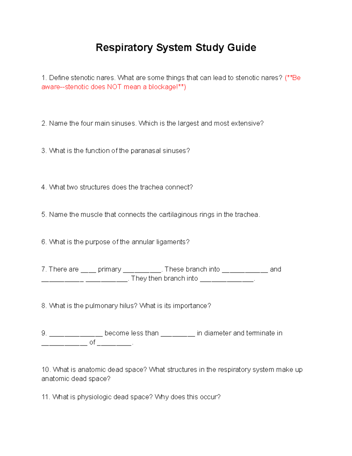 Respiratory System Practical II Study Guide - Respiratory System Study ...