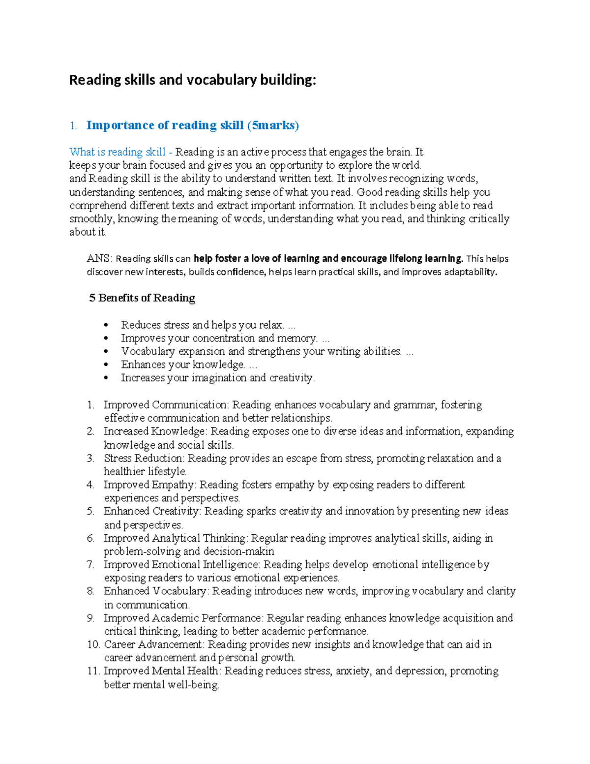 Vucabulary suggestion - Reading skills and vocabulary building: 1 ...