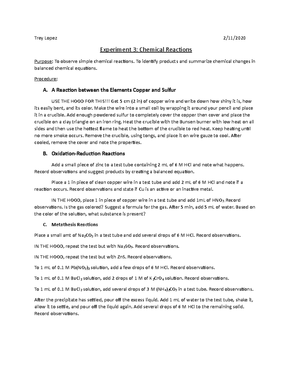 Lab Summary 3.3 - Trey Lopez 2/11/ Experiment 3: Chemical Reactions ...