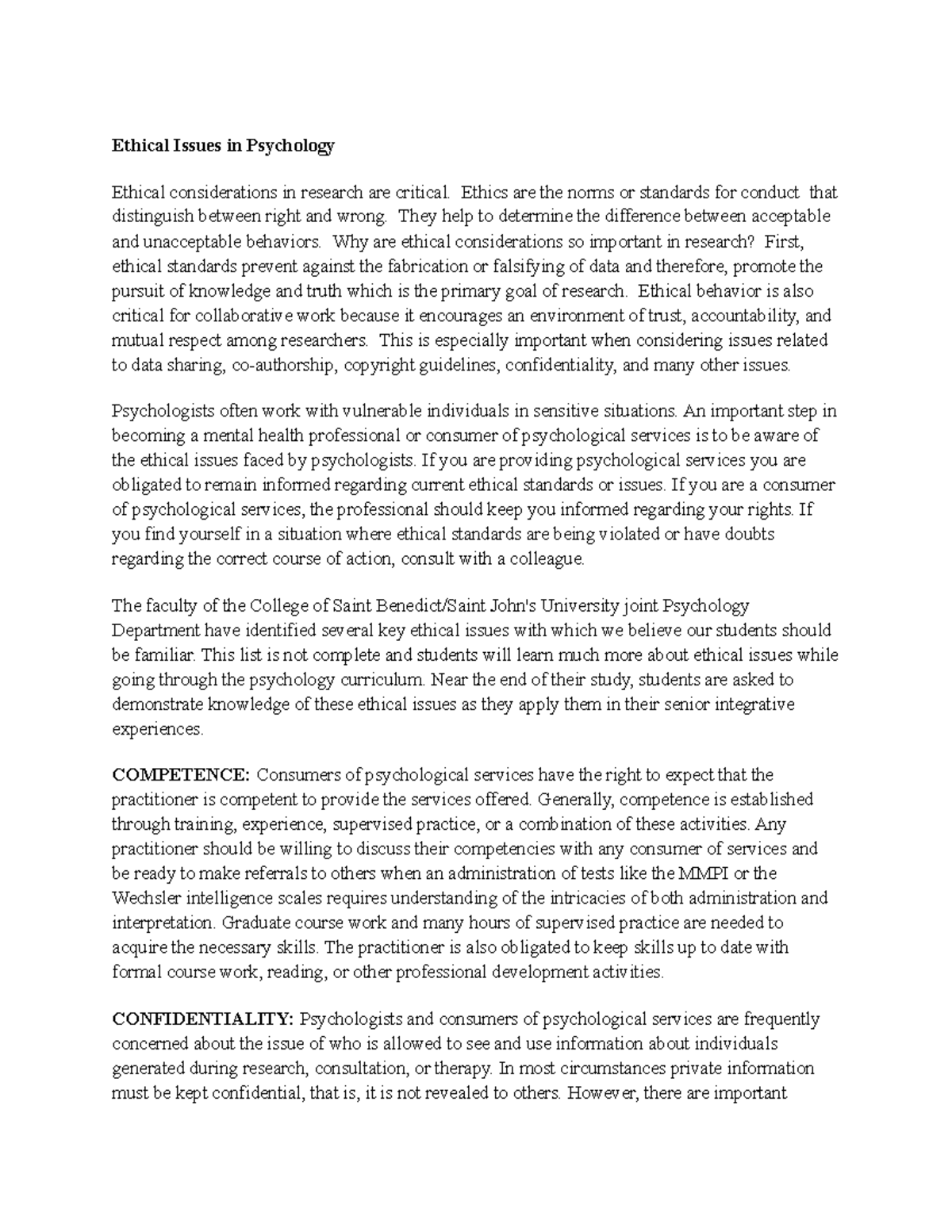 Ethical Issues in Psychology - Ethical Issues in Psychology Ethical ...