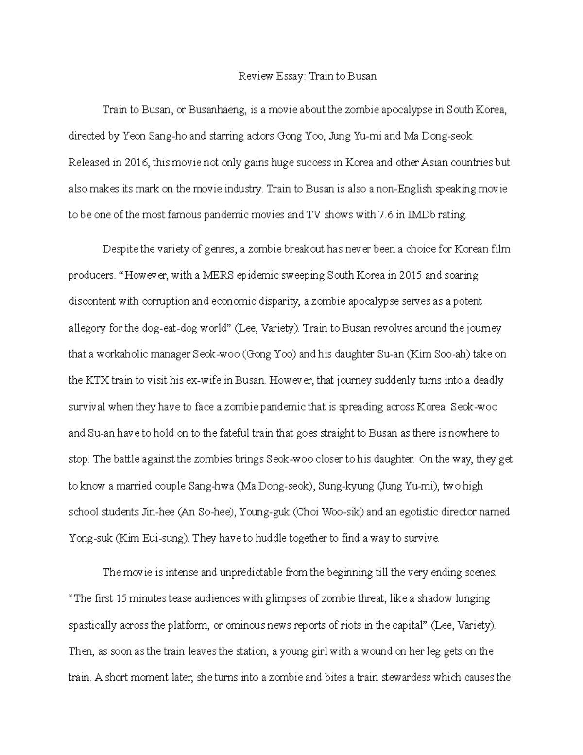 Review Essay Train To Busan Review Essay Train To Busan Train To