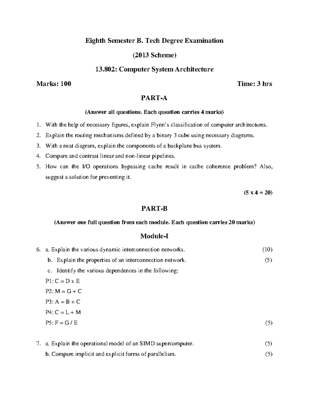 Computer System Architecture Question Paper 2013 - Eighth Semester B ...