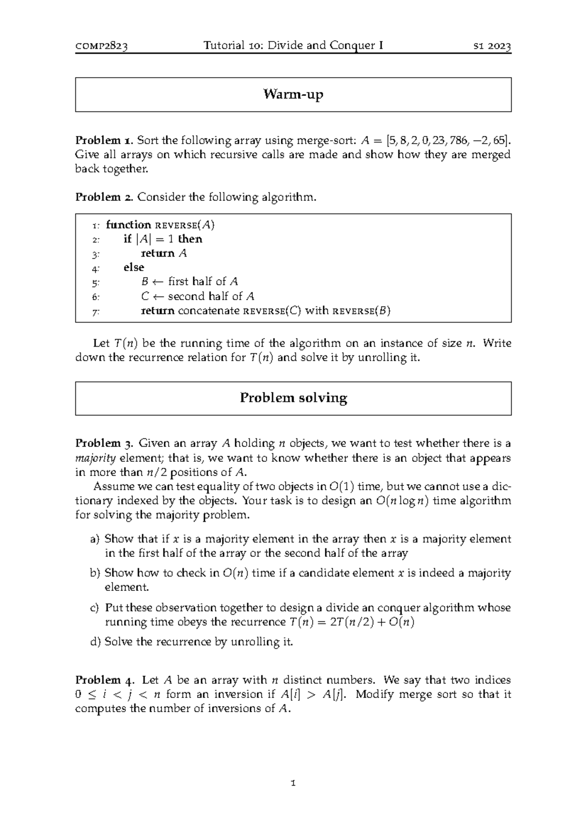 Week 10 - divide and conquer 1 - comp2823 Tutorial 10 : Divide and Conquer I s1 2023 Warm-up ...