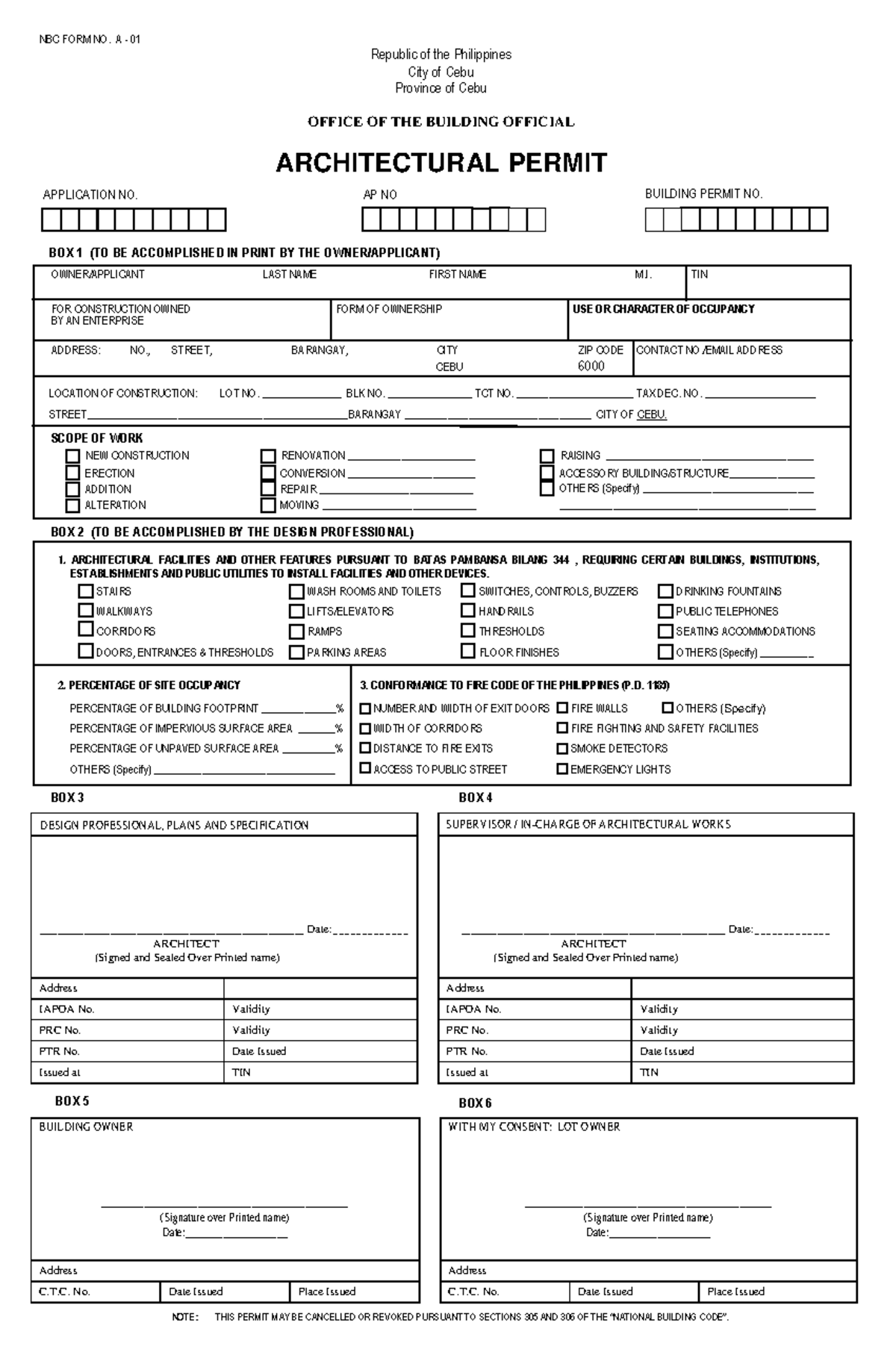 Architectural Permit for building permit - ####### NBC FORM NO. A - 01 ...