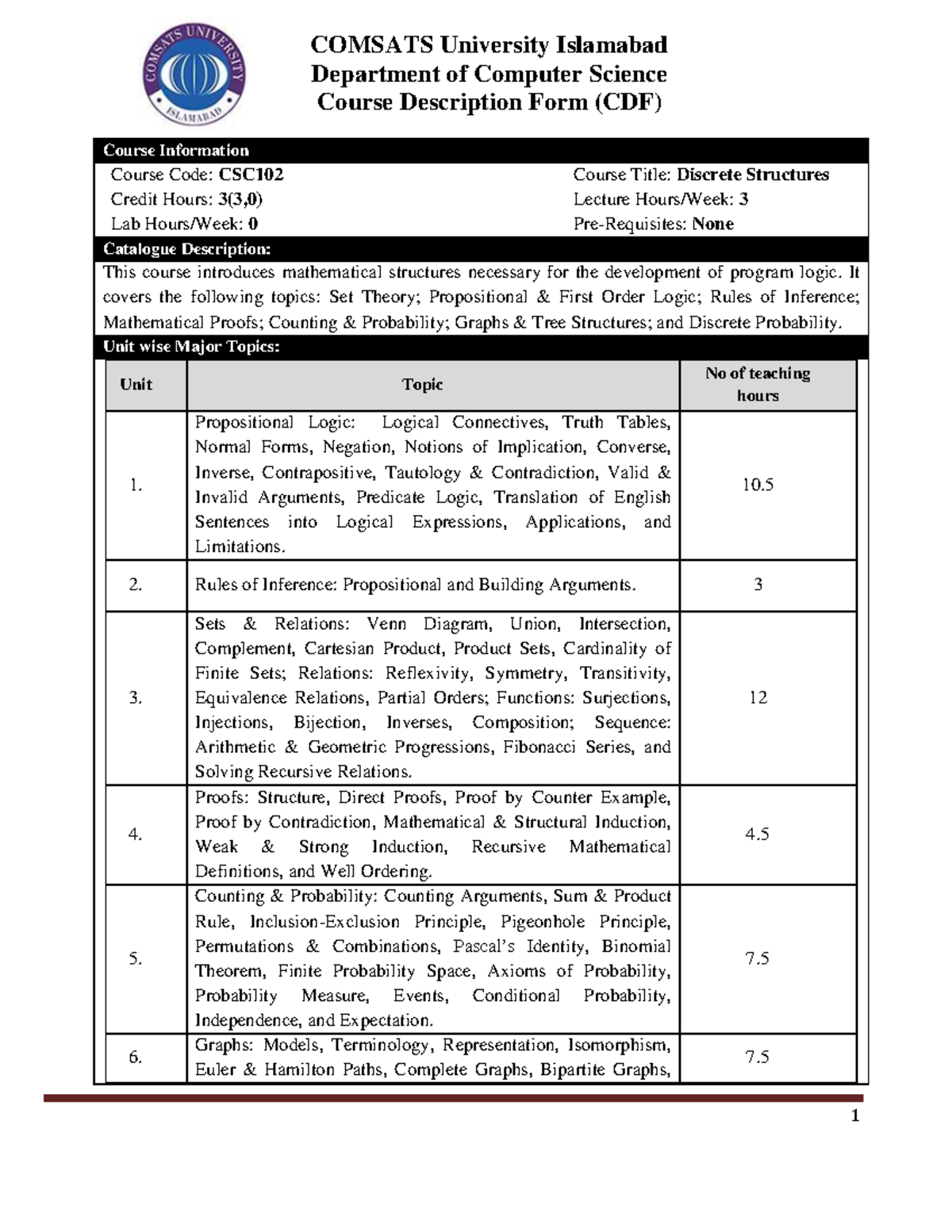 CSC102 Discrete Structures V 3 - 1 Course Information Course Code: CSC102 Course Title: Discrete ...