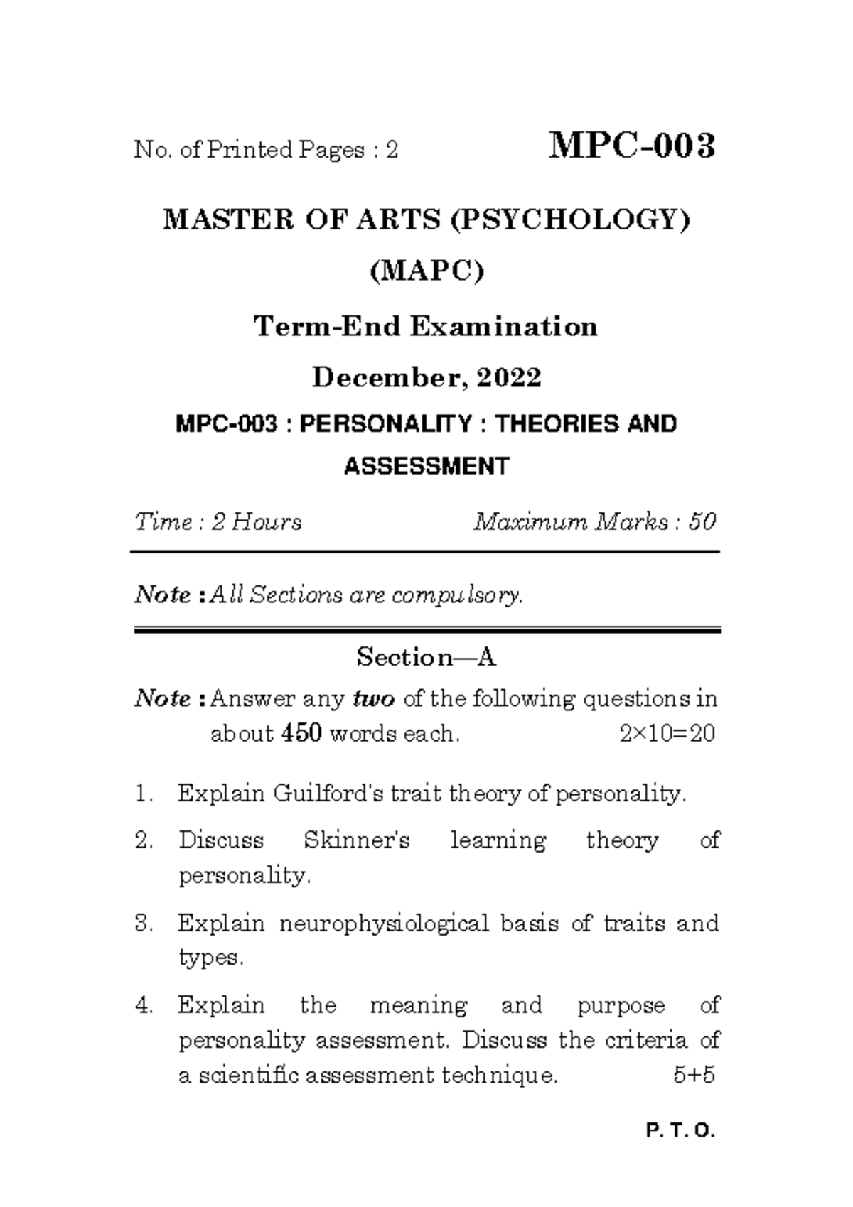 MPC-003 - P. T. O. No. of Printed Pages : 2 MPC- MASTER OF ARTS (PSYCHOLOGY) (MAPC) Term-End ...