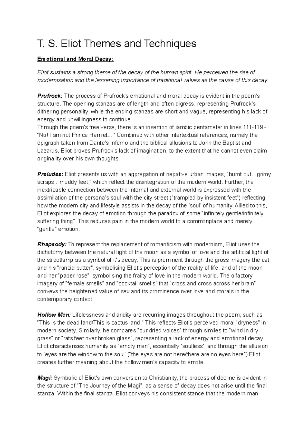TS Eliot - Techniques AND Brief Analysis - T. S. Eliot Themes and ...