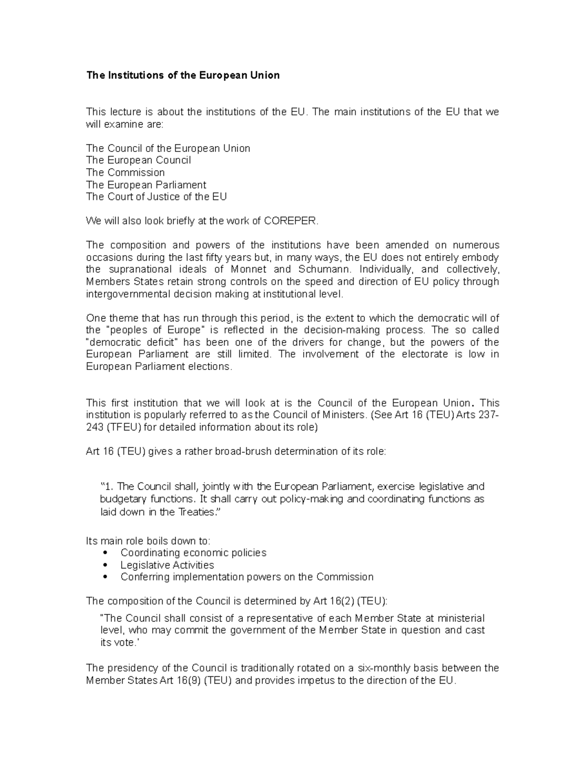 Institutions transcript notes - The Institutions of the European Union ...