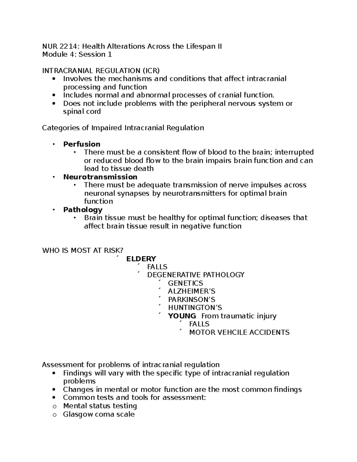 NUR 2214 session 1 module 4 - NUR 2214: Health Alterations Across the Lifespan II Module 4 ...