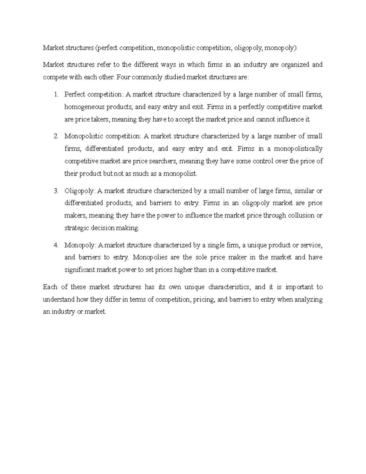 Market structures (perfect competition, monopolistic competition ...