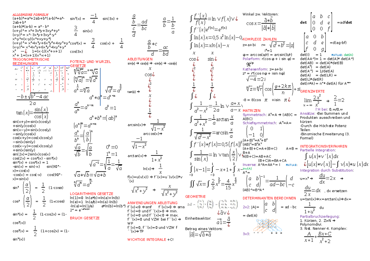 Mathe Formelsammlung - ALLGEMEINE FORMELN (a+b) 2 =a 2 +2ab+b 2 (a-b) 2 ...