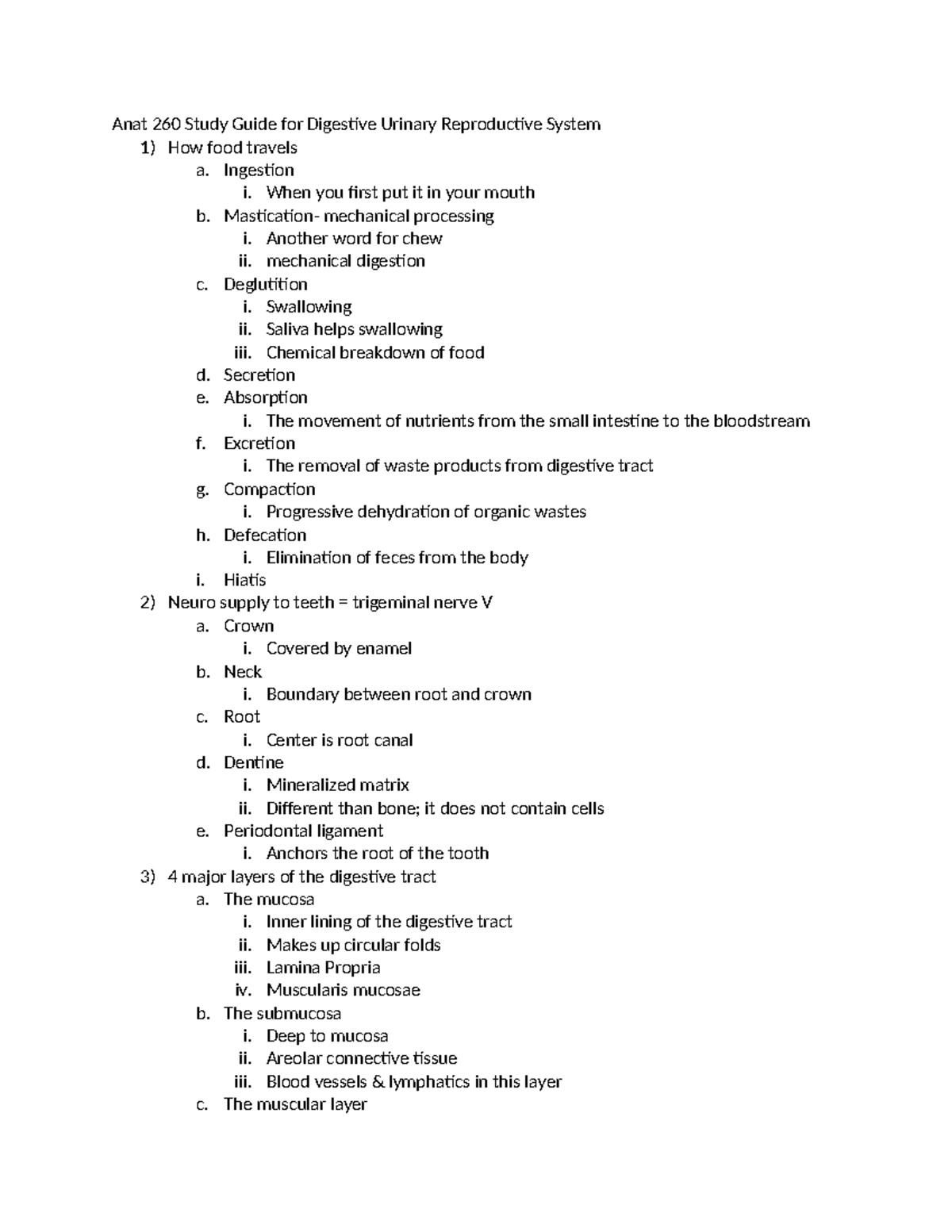 Anat 260 Study Guide for Digestive Urinary Reproductive System ...
