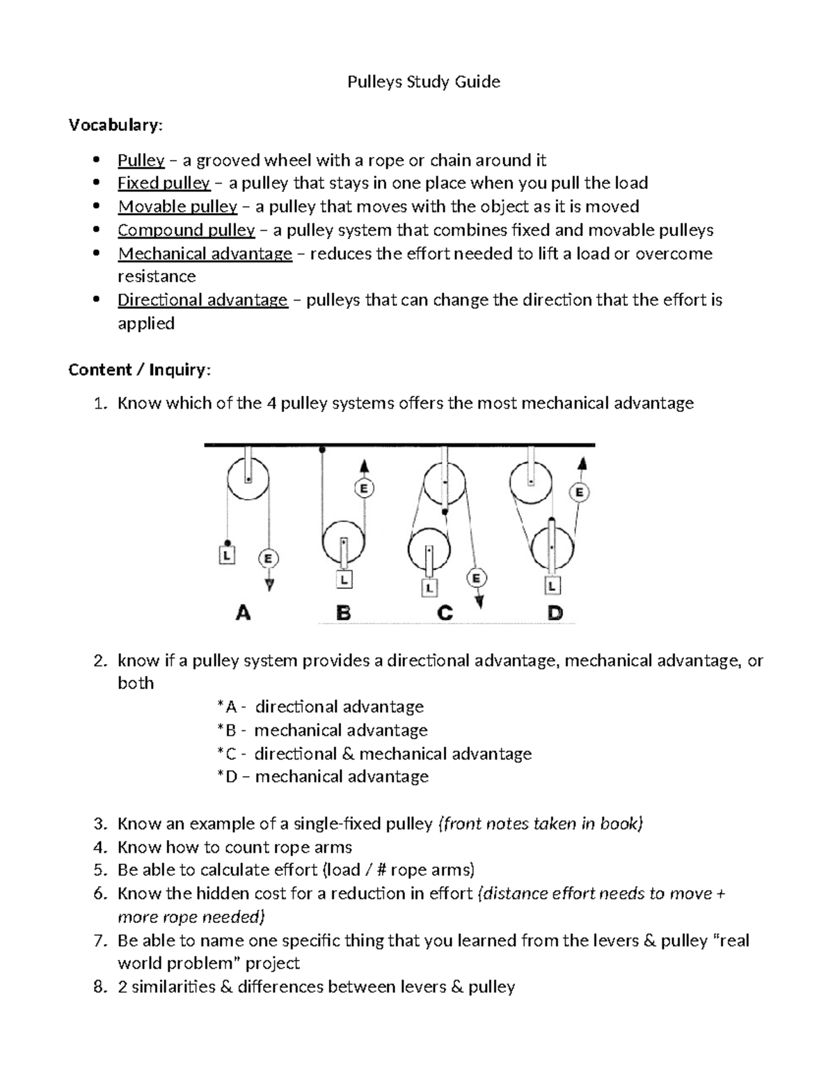 Pulleys Study Guide - Pulleys Study Guide Vocabulary: Pulley – a ...