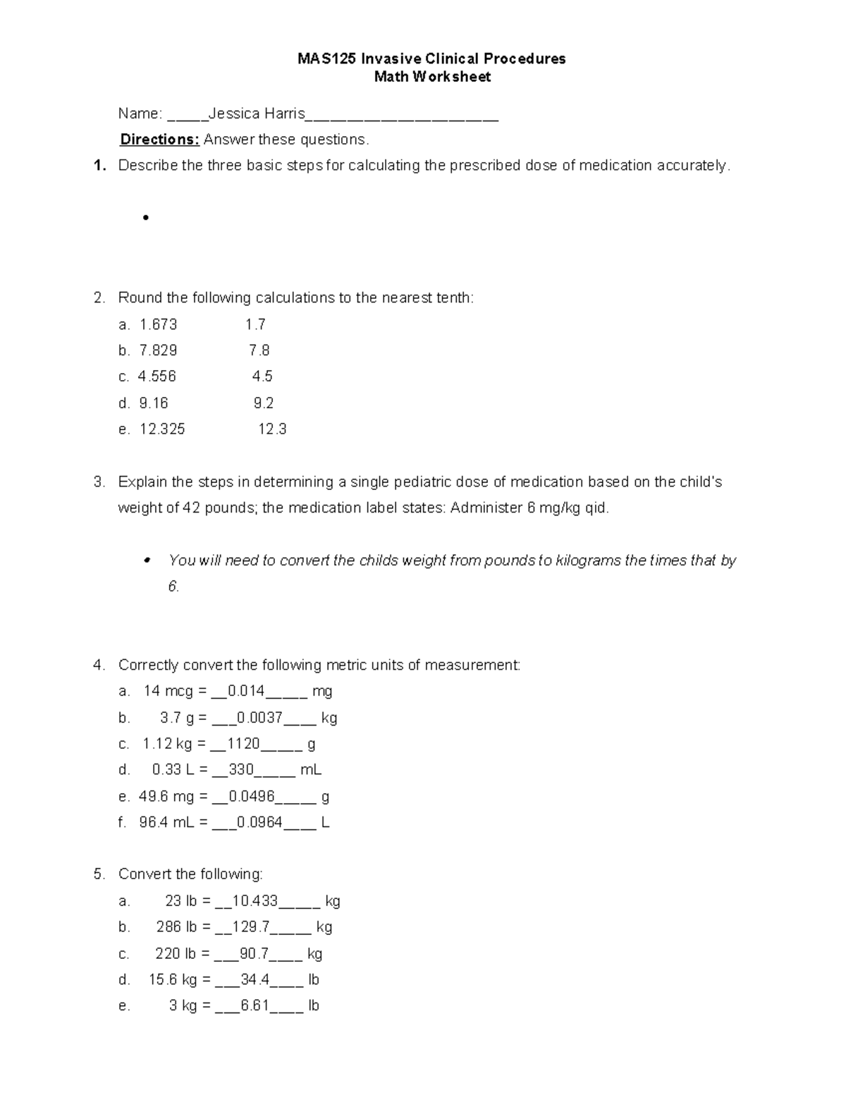 MAS125 Week 4 Math Worksheet - MAS125 Invasive Clinical Procedures Math ...