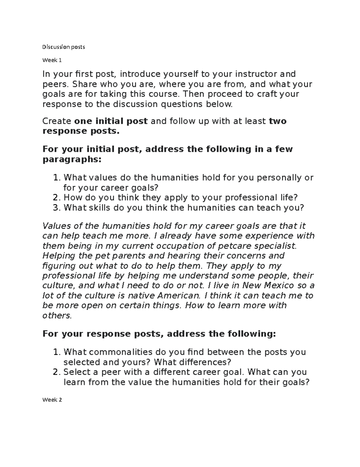 Discussion post assignments - HUM100 - SNHU - Studocu